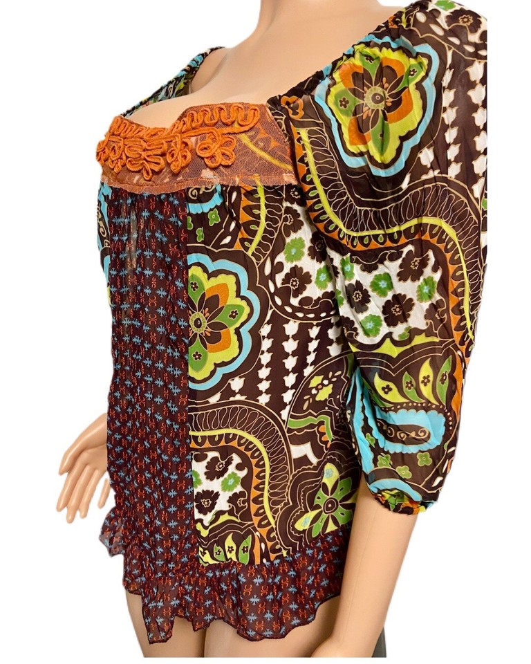 Y2K colorful Brown Boho poly mesh embroidered festive top m gypsy Beach ...