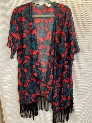Lularoe Beach Cover Up Kimono Seahorse Red Black Coast Fringe Size Lg ...
