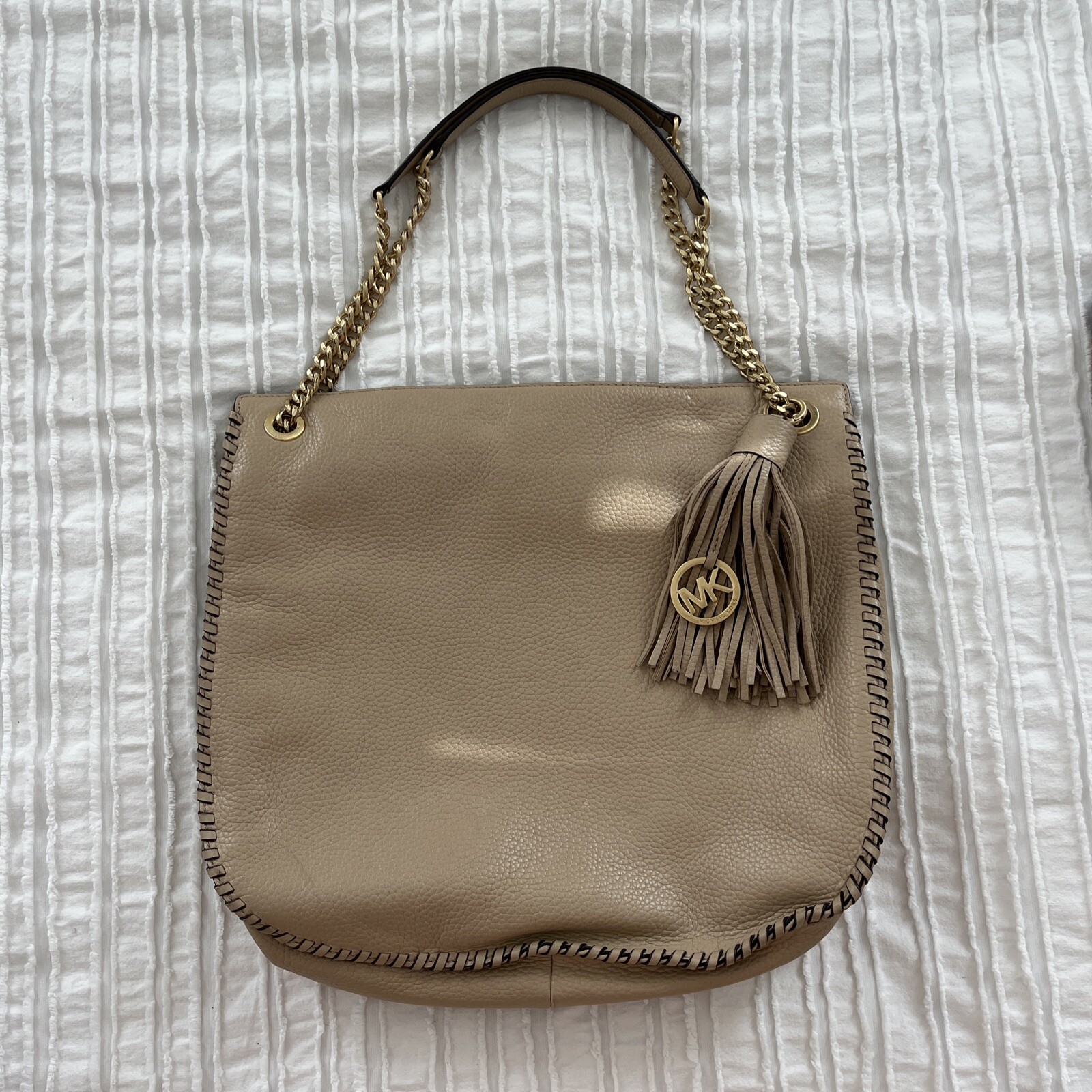 MICHAEL KORS Whipped Chelsea Handbag Large Shoulder Beige Leather Gold ...