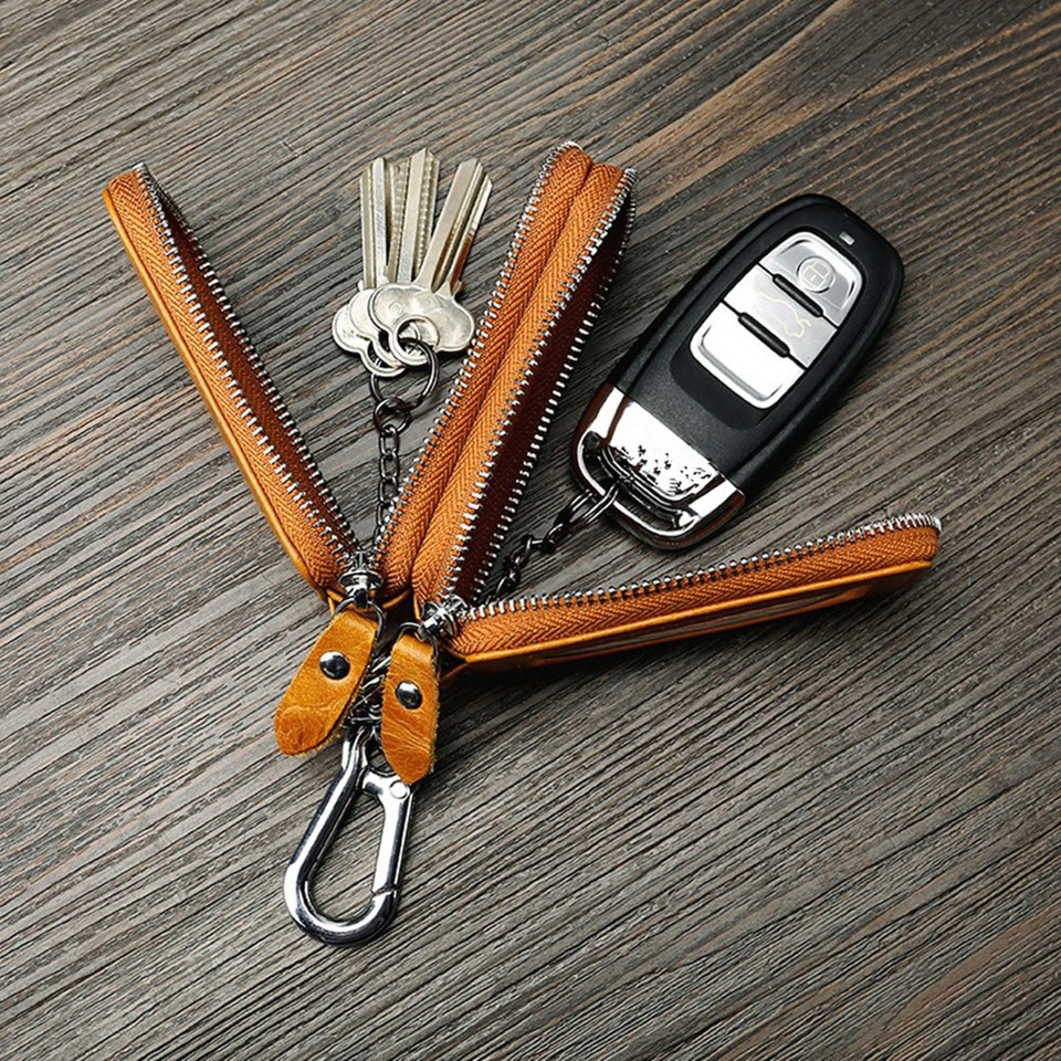 Genuine Leather Car Key Chain Holder Wallet Keychain Bag Double Zipper ...