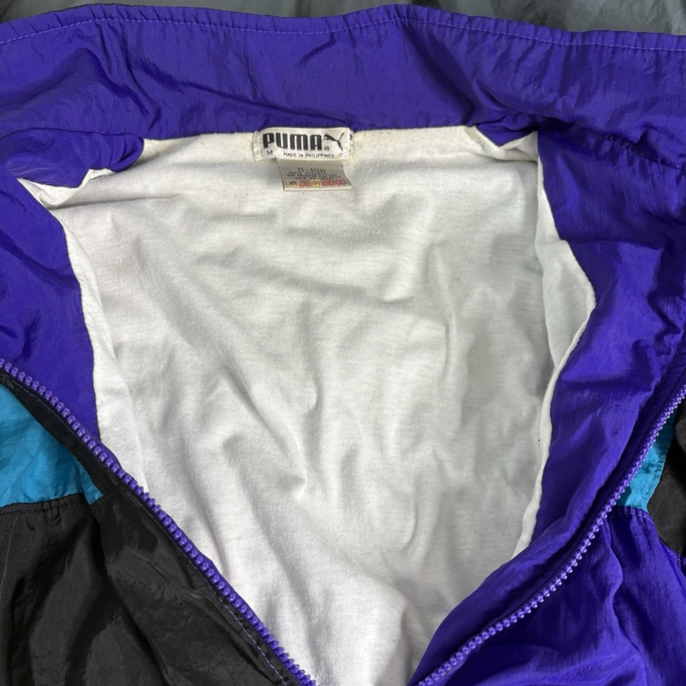 Vtg Puma Windbreaker Jacket Black Turquoise Purple Color Block 90s Mens ...