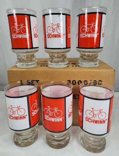 6 Vintage Schwinn Drinking Glasses 10 Speed Racer Touring Bike RARE w ...