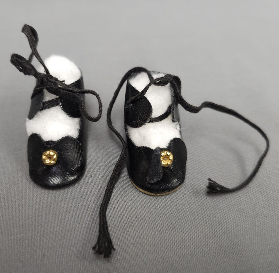 Vtg Center Tie Doll Shoes BLACK Leatherette Fuzzy Bottom 1.75" Long w ...