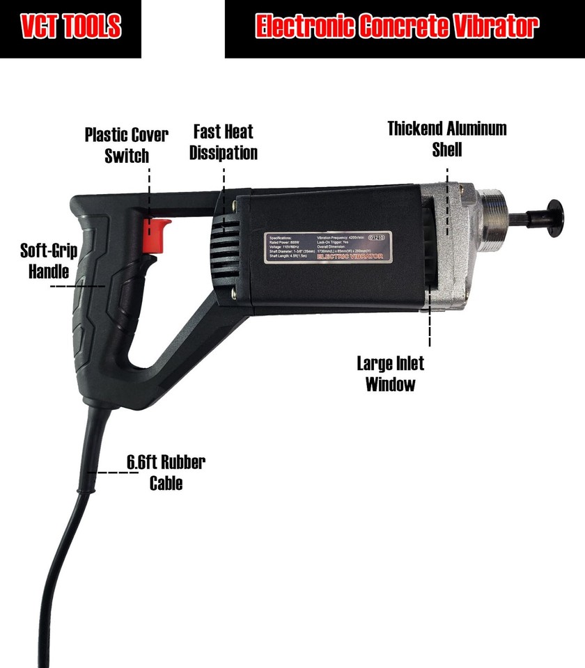 VCT Electric Concrete Vibrator Handheld Construction Tool 4.5 Foot 800 ...
