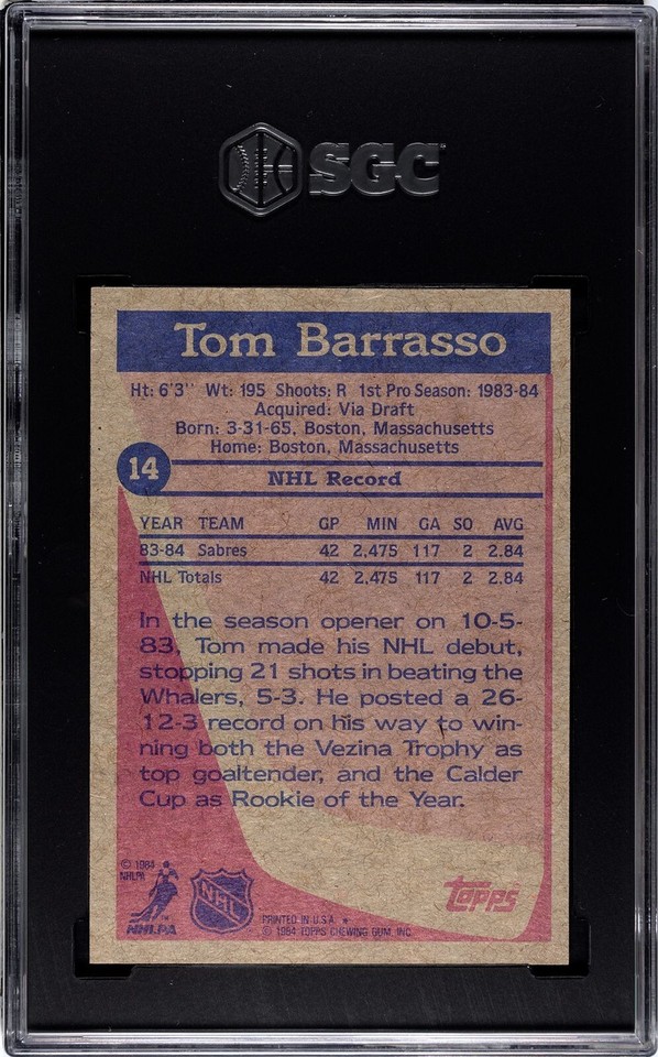 1984-85 TOPPS #14 TOM BARRASSO GRADED SGC 6 BUFFALO SABRES ROOKIE CARD ...