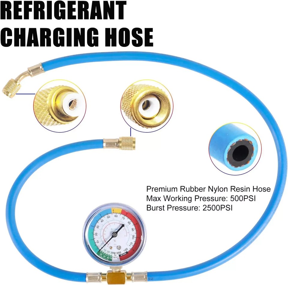 AC Charge Hose with Gauge for R134A, Car HVAC Refrigerant Recharge Kit ...