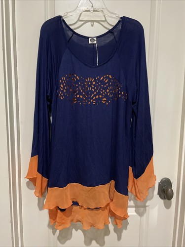 J&M Clothing Boutique Cut Out Tunic Top Navy Blue Orange Chiffon Womens ...