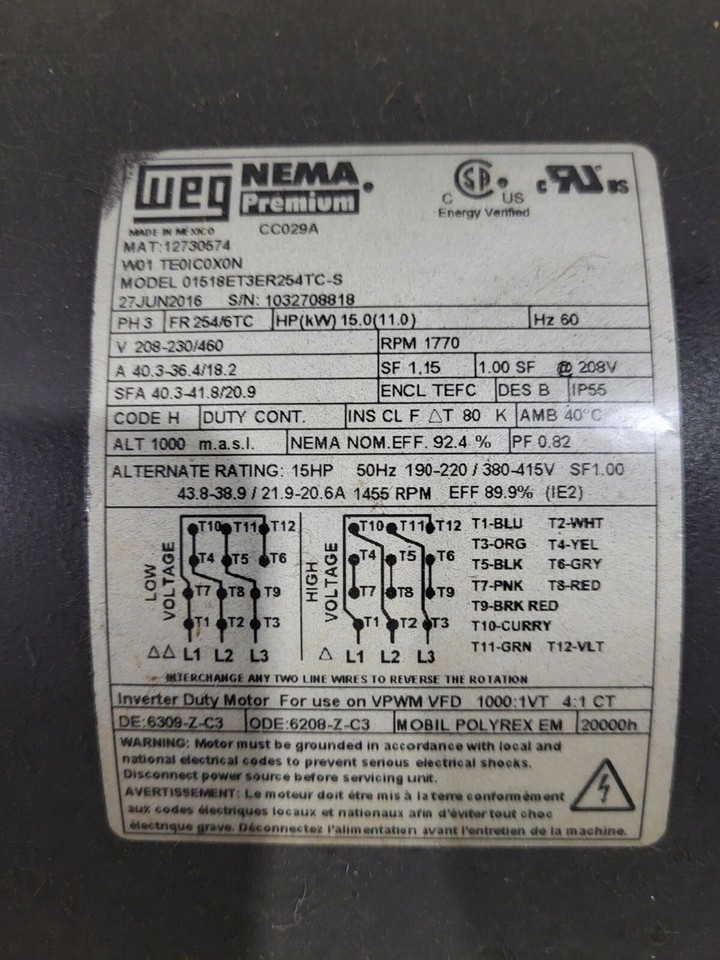 WEG Rolled Steel NEMA Motor Catalog Number: 01518ET3ER254TC-S ...