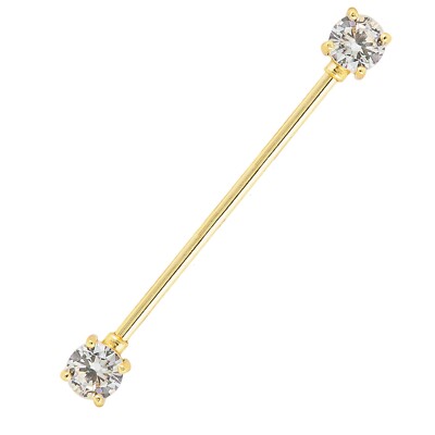14k Solid Gold Industrial Straight Barbell with Round Clear CZ ...