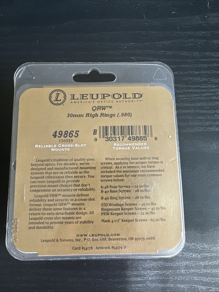 Leupold QRW 30mm High Rings (.980) 49865 Matte Brand New Quick Detach ...