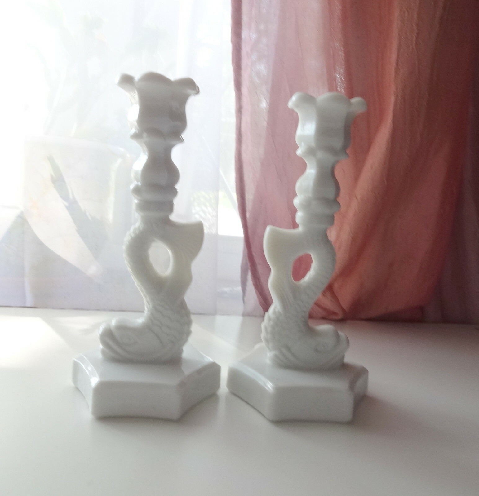 Vtg Mark WESTMORELAND DOLPHIN Milk Glass Pair Candle Holder Candlestick ...