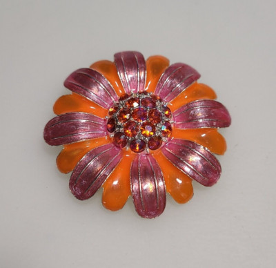 Vintage Avon Enamel Flower Brooch Pin Orange Pink Rhinestones Silver ...