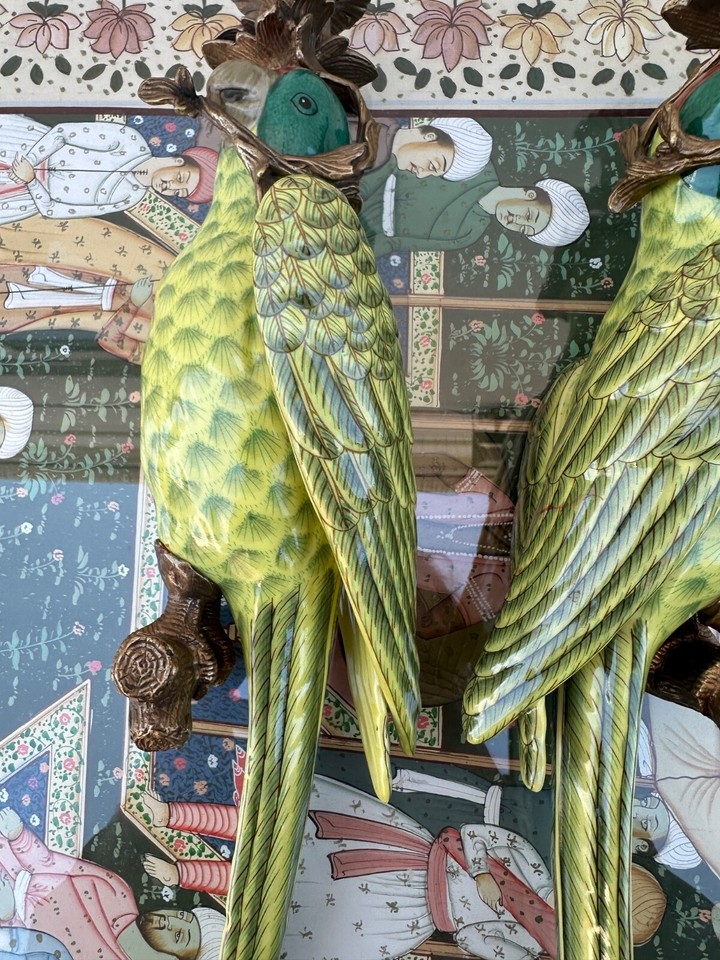 Pair Green porcelain parrot wall sconces Lights bronze mounts candle or ...