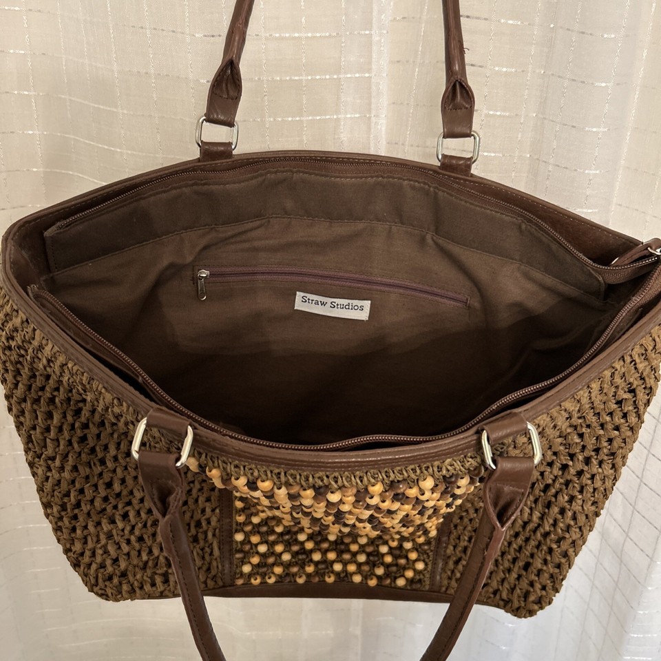Vintage Straw Studios Woven + Wooden Beaded Purse Handbag Hobo Brown ...