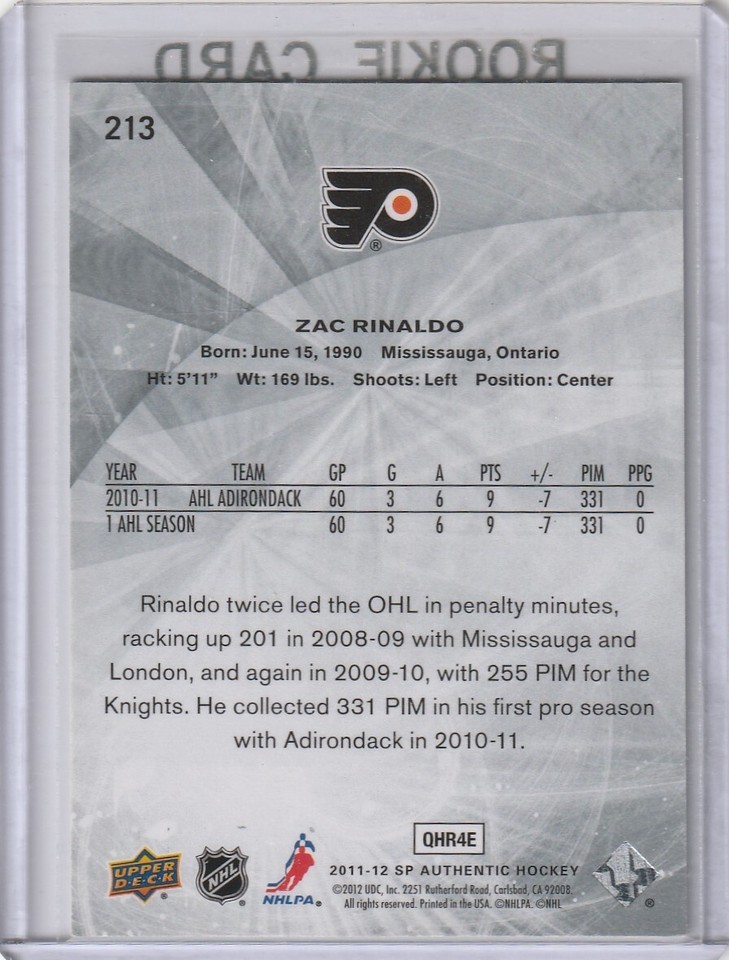 Zac Rinaldo 2011-12 SP Authentic Future Watch /999 #213 Rookie RC | eBay