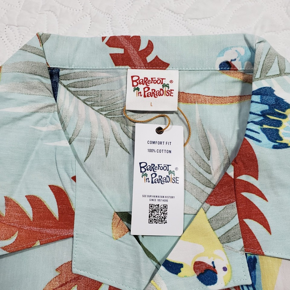 NWT BareFoot In Paradise Hawaiian Shirt Mens L Blue Bird Parrot Reverse ...