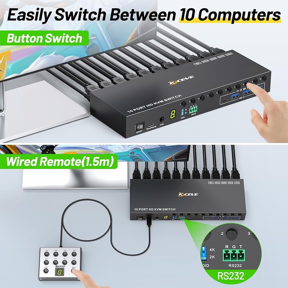 10 Port HDMI KVM Switch 4K@60Hz EDID Simulation USB 3.0 KVM Switch w ...