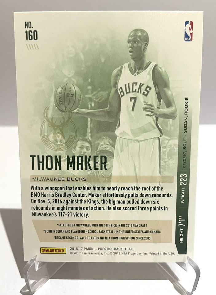 2016-17 Panini Prestige Rookie Card #160 Thon Maker NBA RC Milwaukee ...