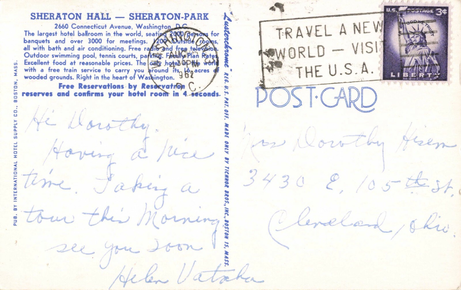 Postcard Sheraton Hall Sheraton Park Hotel Washington DC | eBay