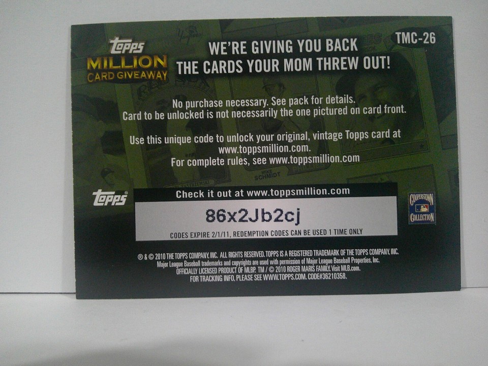 2010 Topps Million Card Giveaway Expired Code Cards Roger Maris #TMC-26 ...