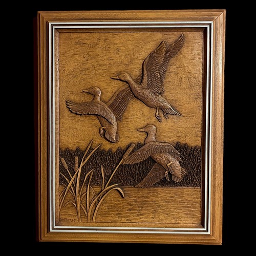 Kim Murray Bas Relief Wood Carving Family Of Ducks in Flight Signed 19 ...