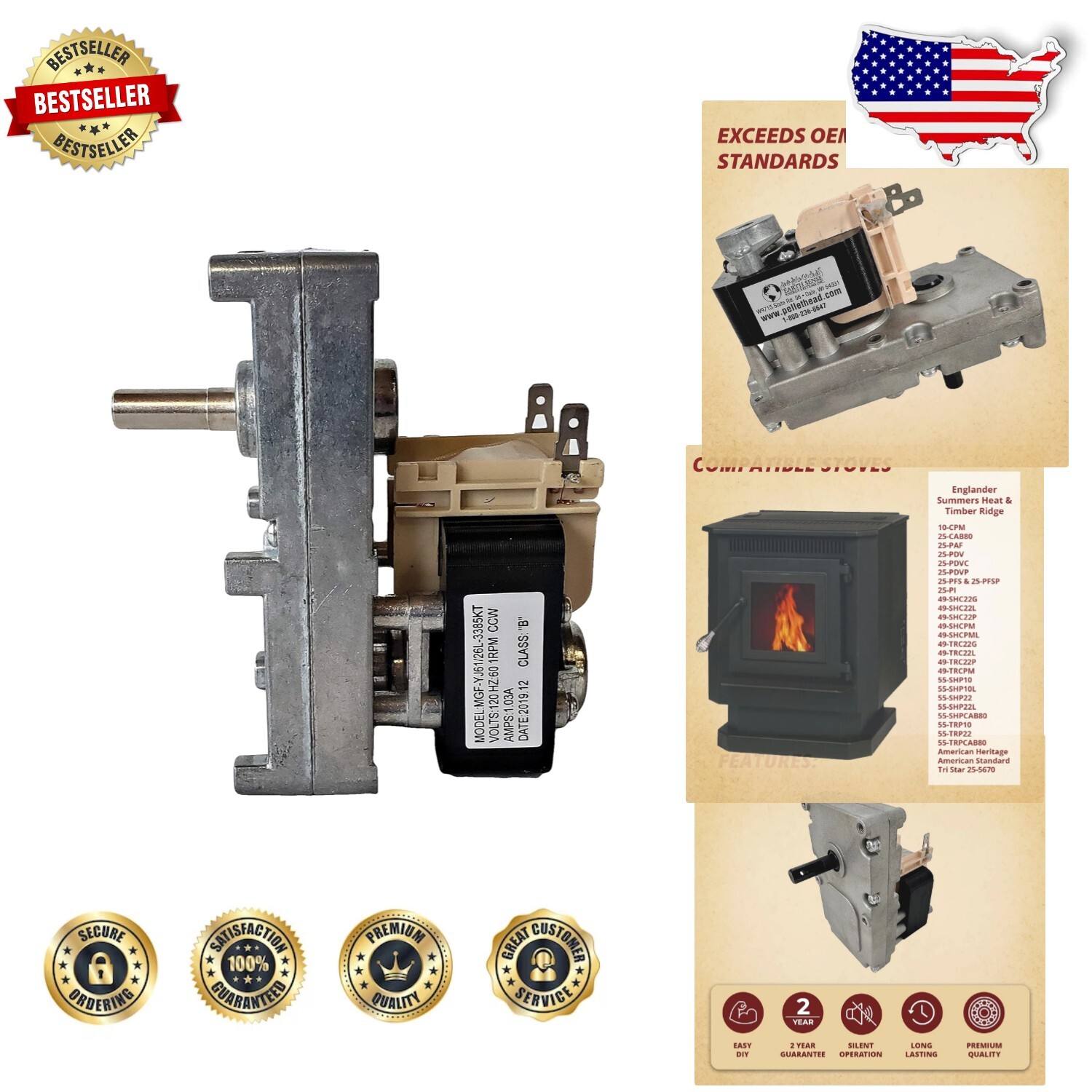 Auger Feed Motor Replacement for Englander Pellet Stoves - 1RPM, 1-Year ...
