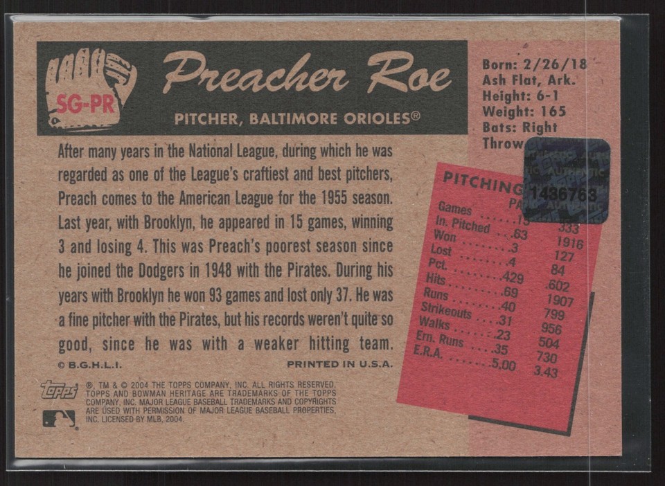 2004 BOWMAN HERITAGE PREACHER ROE RED INK ON CARD AUTOGRAPH AUTO #D 04/ ...