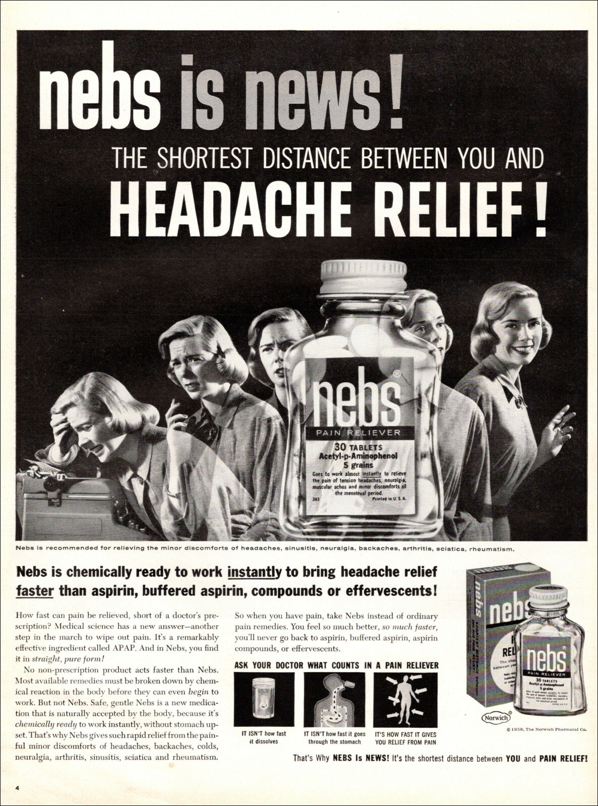 1958 vintage medicine AD NEBS for Headache Relief , Pain , Arthritis ...
