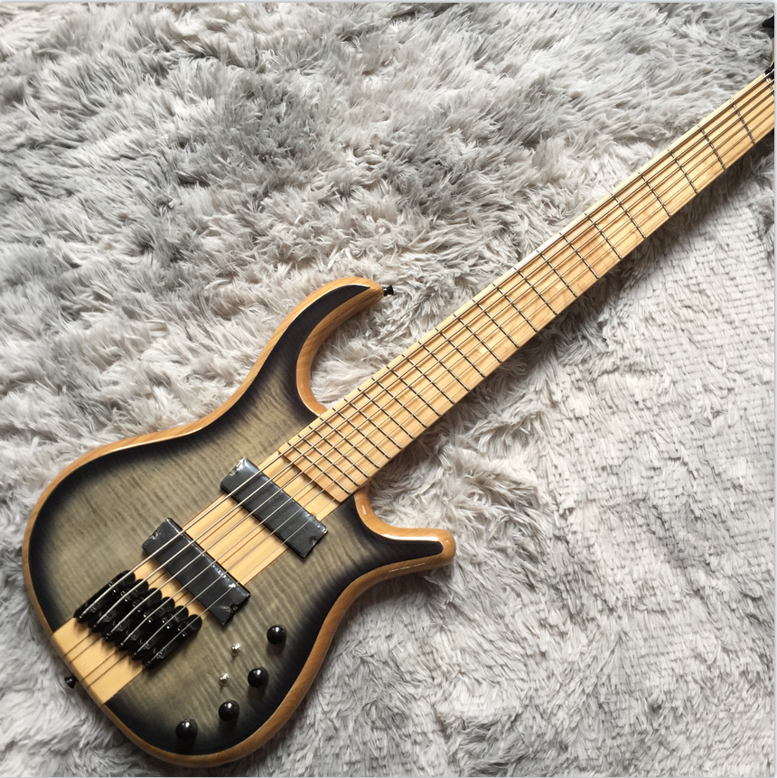 Custom 6-string Electric Bass Guitar Black Gray Neck Thru Body Fanned ...