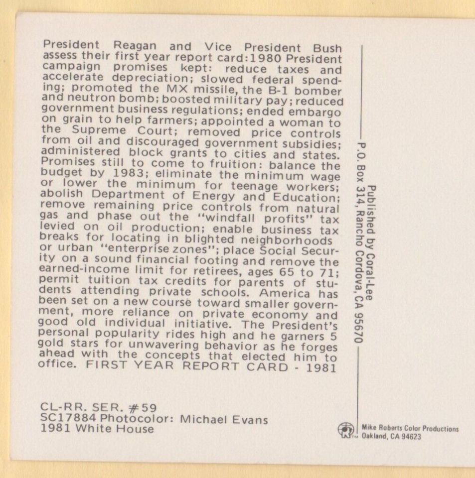 Vintage 1981 Reagan Bush Postcard First Year Report Political Mike ...