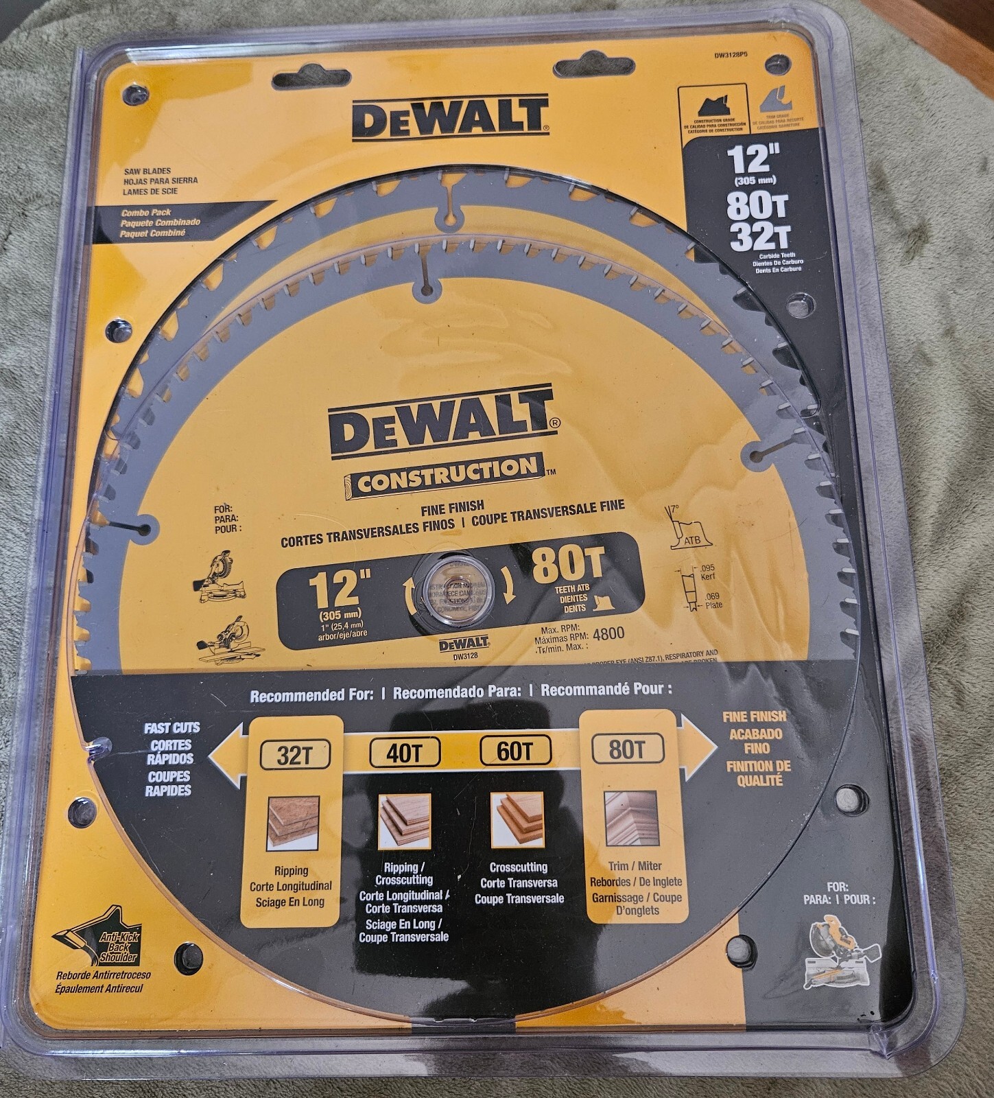 DeWalt DW3128 12 in. 32-Teeth & 80-Teeth Miter Saw Blades (2-Pack) NEW ...