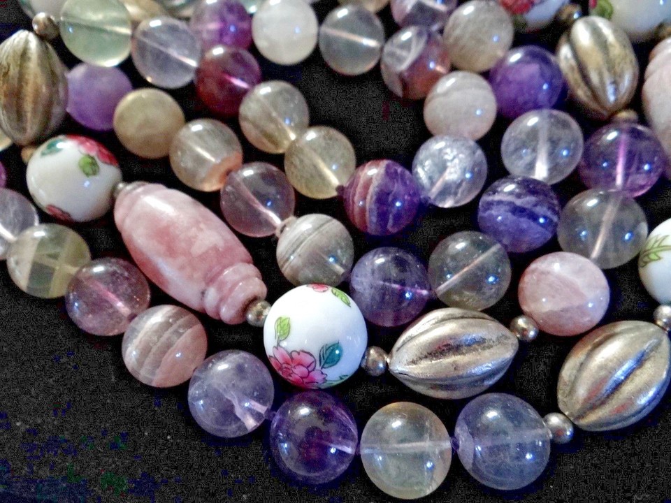 Chinese Stone Bead Necklace Amethyst Quartz Rock Crystal Porcelain ...