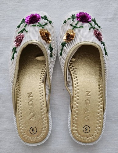 Vintage Avon Mesh Sequins Floral Embellished Mules Shoes Slip On Womens ...