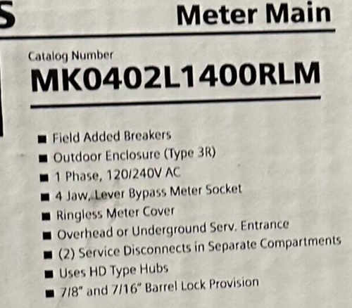 Siemens 400 amp meter main 1PH. MK0402L1400RLM. Includes 2, 200 amp ...