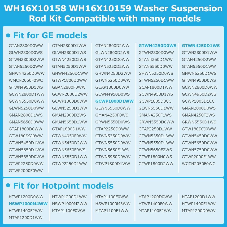 For GE 4Pcs Washer Suspension Rod and Spring WH16X10158 WH16X10159 ...