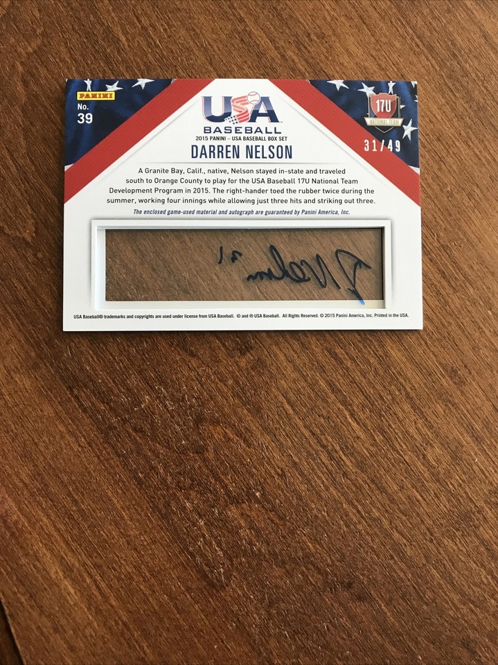 Darren Nelson 2015 USA Baseball 17 U Game Patch Auto #39 Cal Poly /49 ...