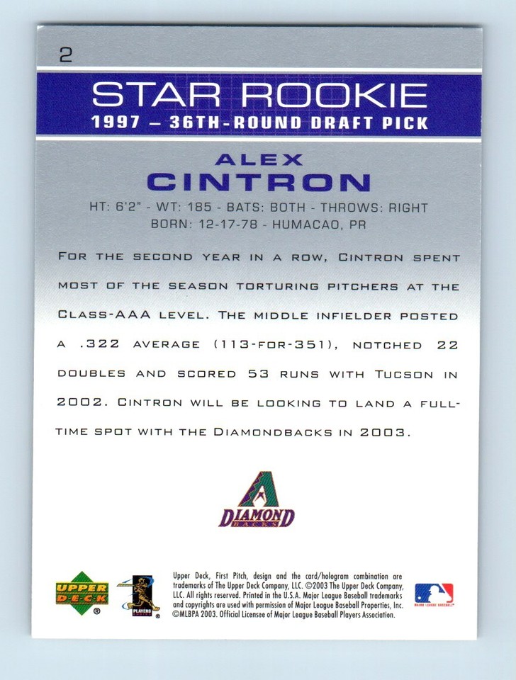 2003 Upper Deck First Pitch Alex Cintron Arizona Diamondbacks #2 | eBay