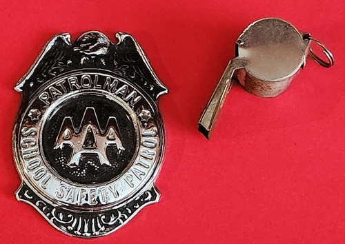 Vtg AAA School Silver Tone Metal Safety Patrol Badge and Whistle 1967 ...