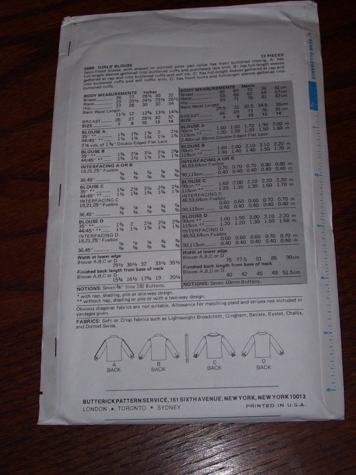 💐1979 UNCIRCULATED BUTTERICK #5688/#5689 - GIRLS RETRO BLOUSE PATTERN ...