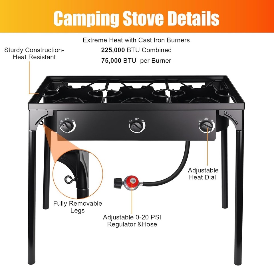 Outdoor Triple Burner Stove, High Pressure 3 Burner Stand Max. 225,000 ...