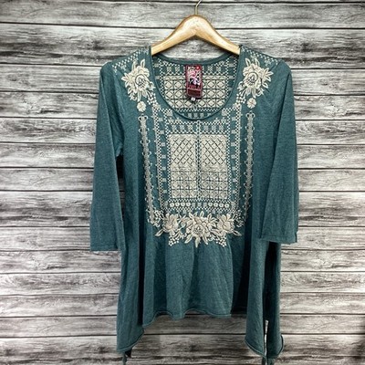 Johnny Was JWLA Shirt Womens Medium Blue Fairy Floral 3/4 Sleeve Tunic ...