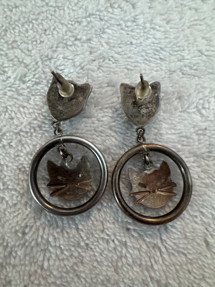 Vtg STERLING SILVER dangle Cat Earrings PRETTY KITTY MEOW MEOW Siamese ...