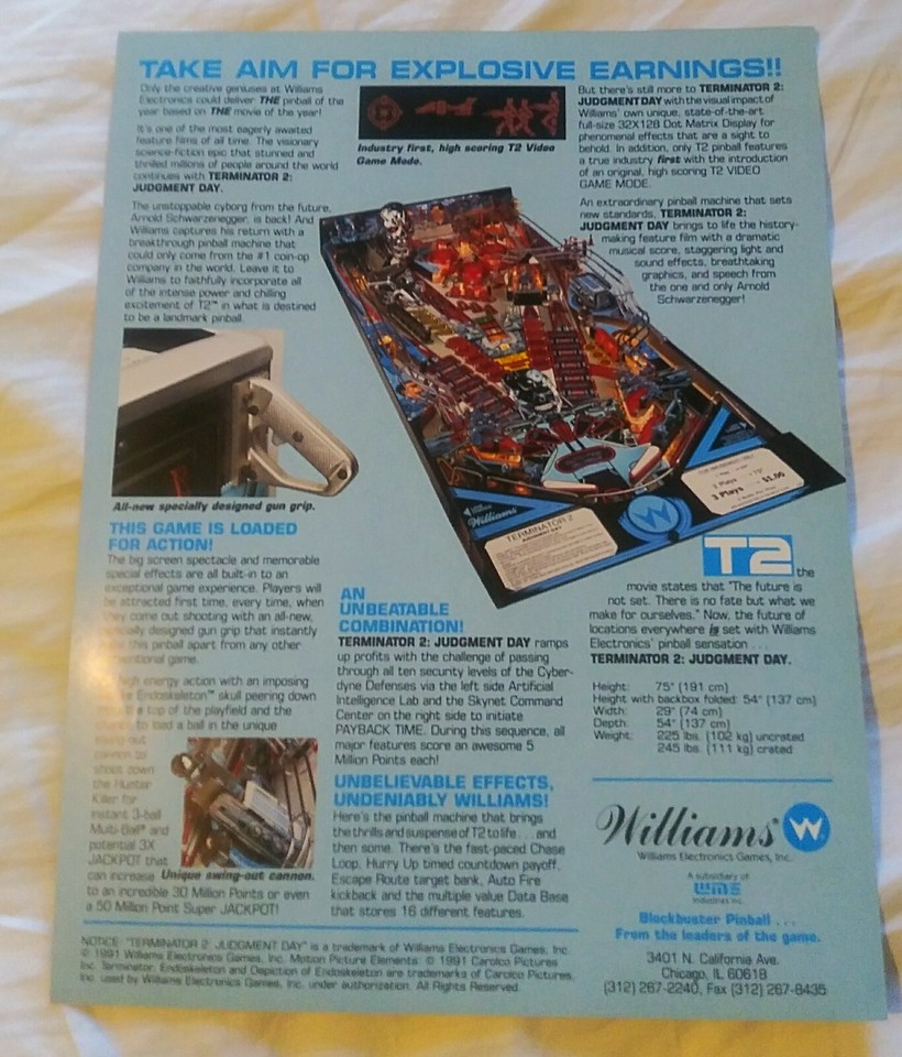 Williams Terminator 2 Judgement Day Pinball. Machine Flyer Vintage T2 ...