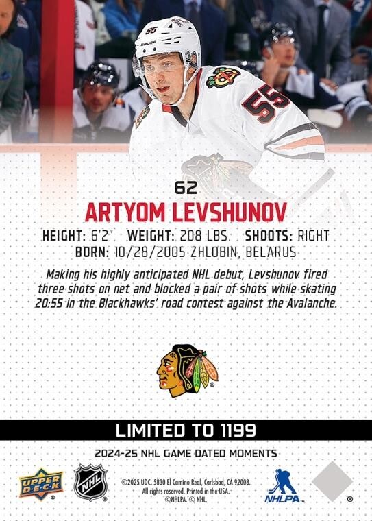 2024-25 Artyom Levshunov Upper Deck NHL Game Dated Moments Limit to ...