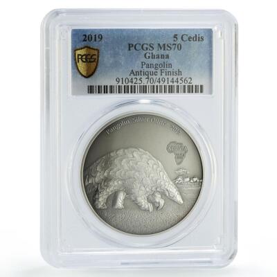 Ghana 5 cedis African Ounce Wildlife Pangolin Fauna MS70 PCGS silver ...