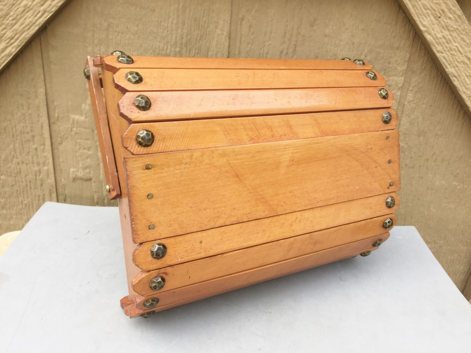 Wood Tote Basket Fold Down Swing Handle Brass Tacks 10"x8" Primitive ...