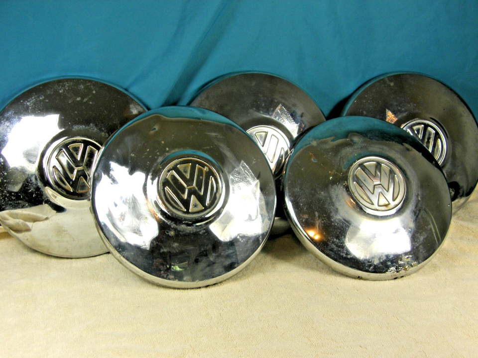 5 Vntg Original Volkswagen Chrome Beetle Bug Bus 10" Hubcaps Dog Dish ...