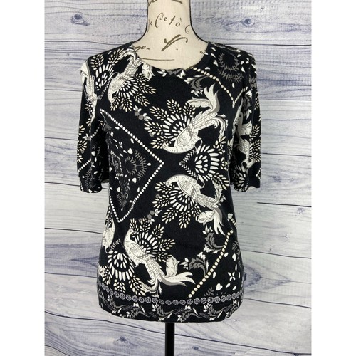 Talbots Knit Top Womens S Short Sleeve Peacock Print Black White Cotton ...