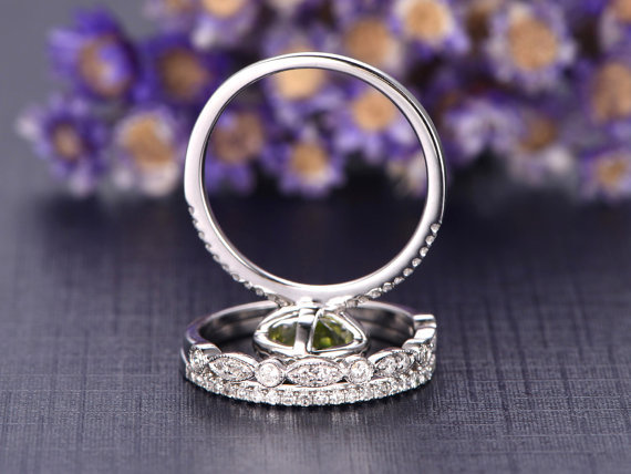 Round Cut Peridot Simulated Diamond Halo Ring Set 14K White Gold Finish ...