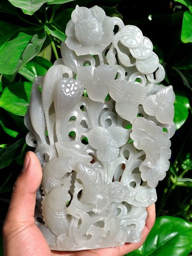 Natural Hetian Nephrite Jade Koi Fish&Lotus Flower Statue Sculpture w ...